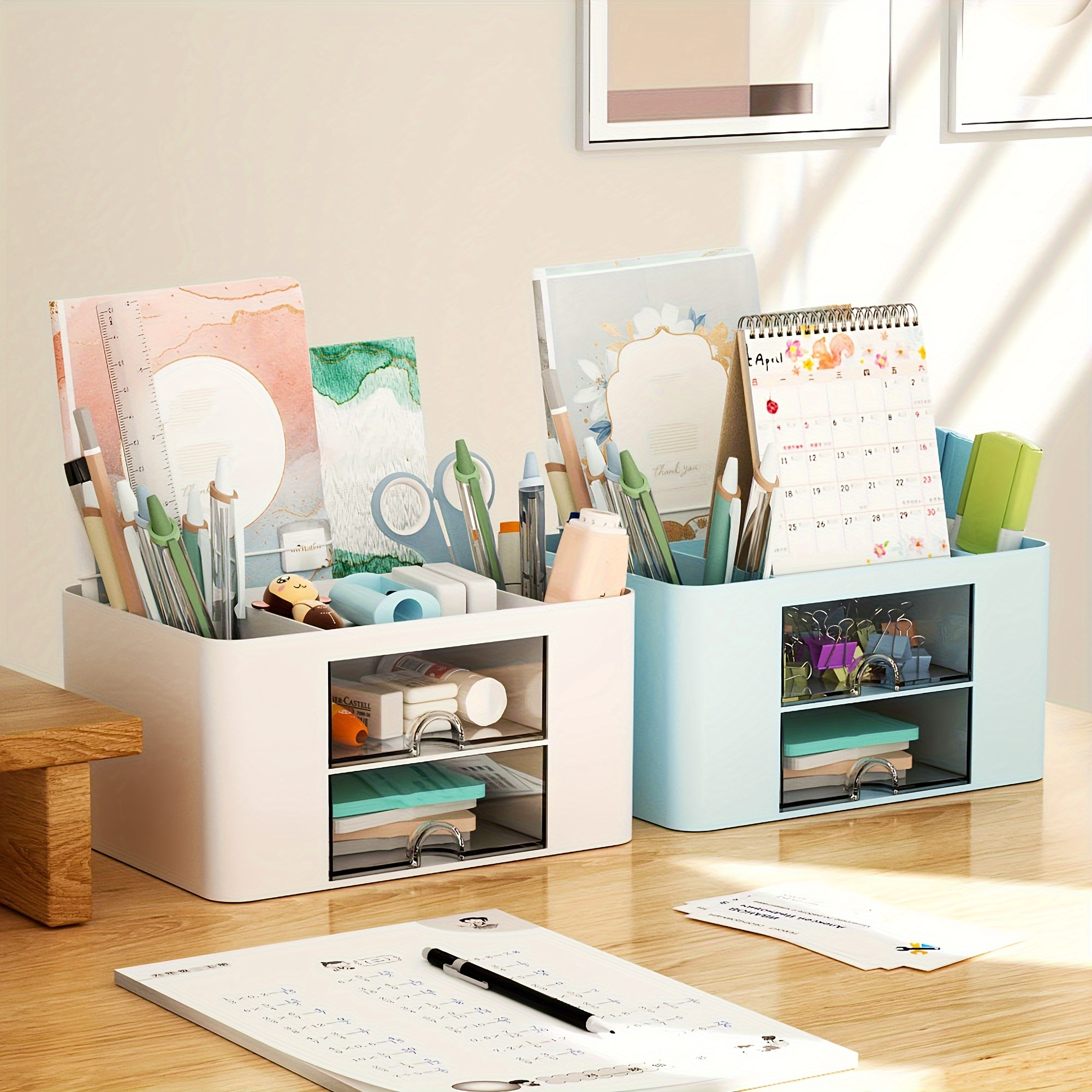 Multi-functional Desk Organizer With 2 Drawers And 5 Compartments ...