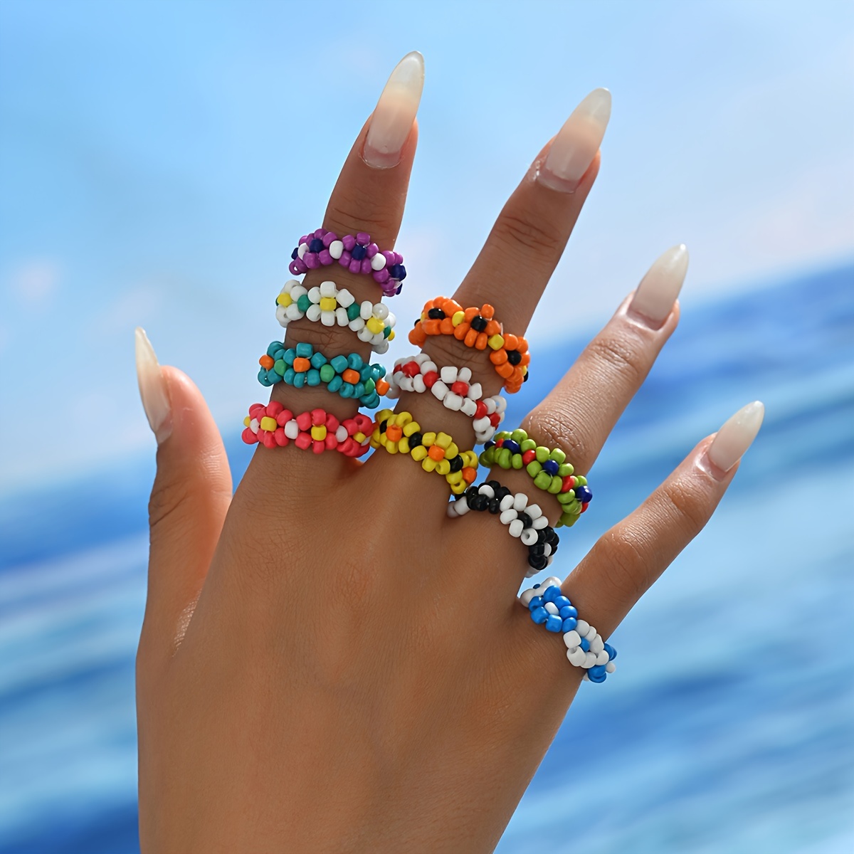 10pcs set Boho Mixed color rice bead Ring Colorful Small Daisy beaded ring Simple colorful flower elastic rope Ring Small fresh contrast color beaded
