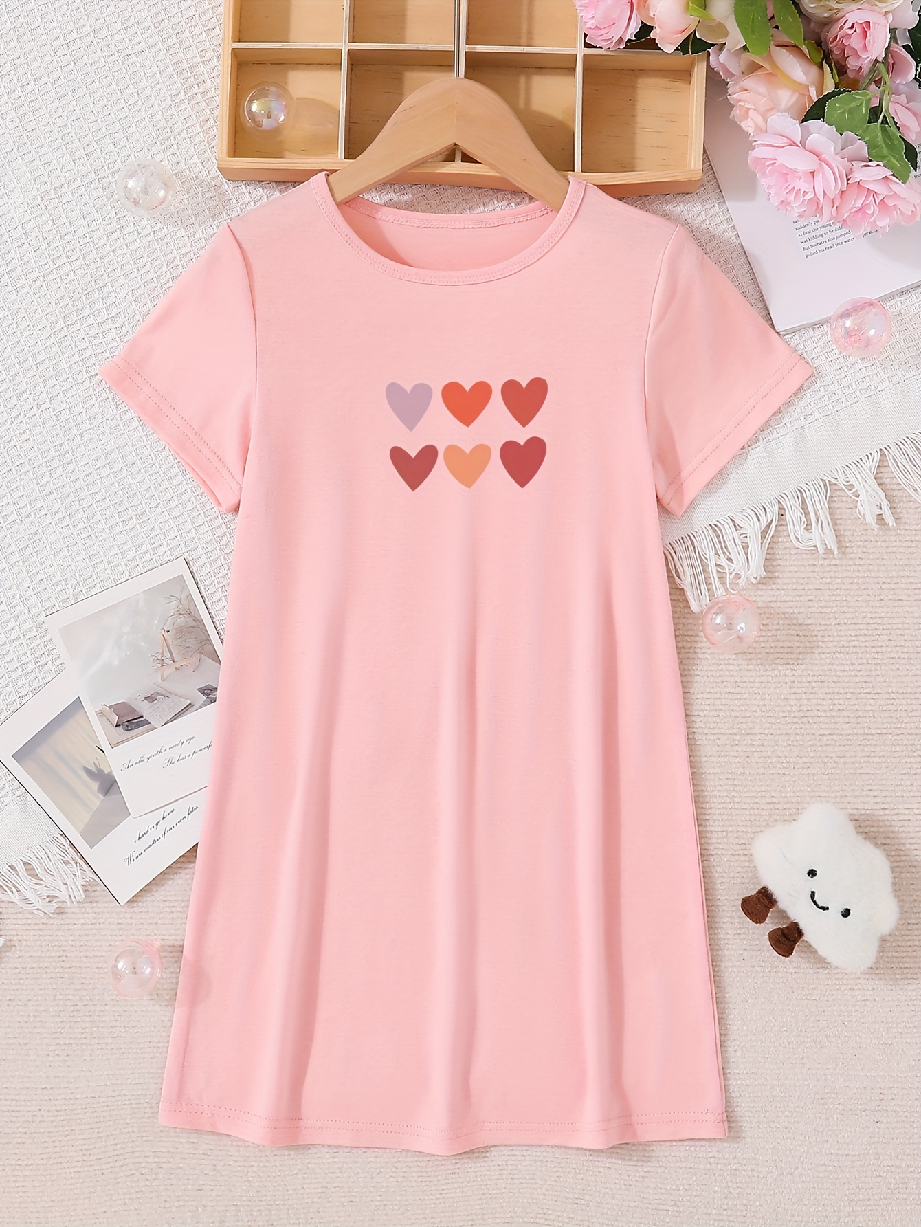 Hearts Graphic Print Dress Girls' Casual Short Sleeve Crew - Temu Australia