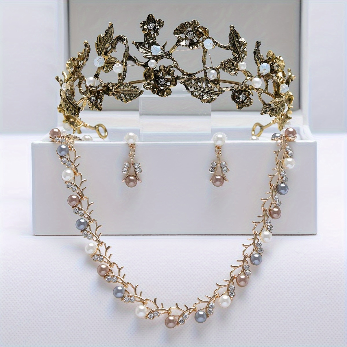 Baroque Bridal Jewelry Set Tiara Earrings Necklace Bridal - Temu United ...