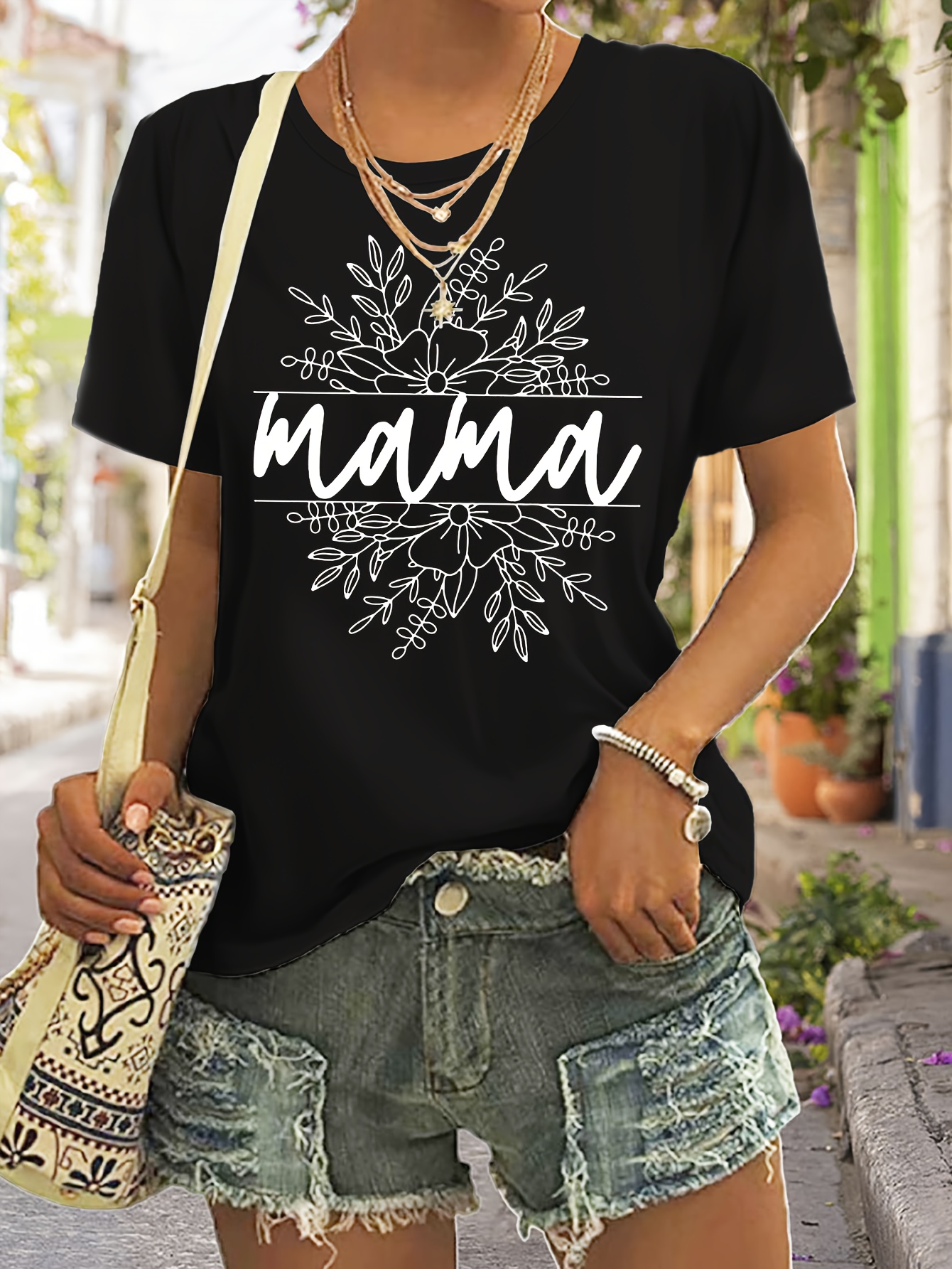 Floral Letter Print T shirt Short Sleeve Crew Neck Casual - Temu Canada