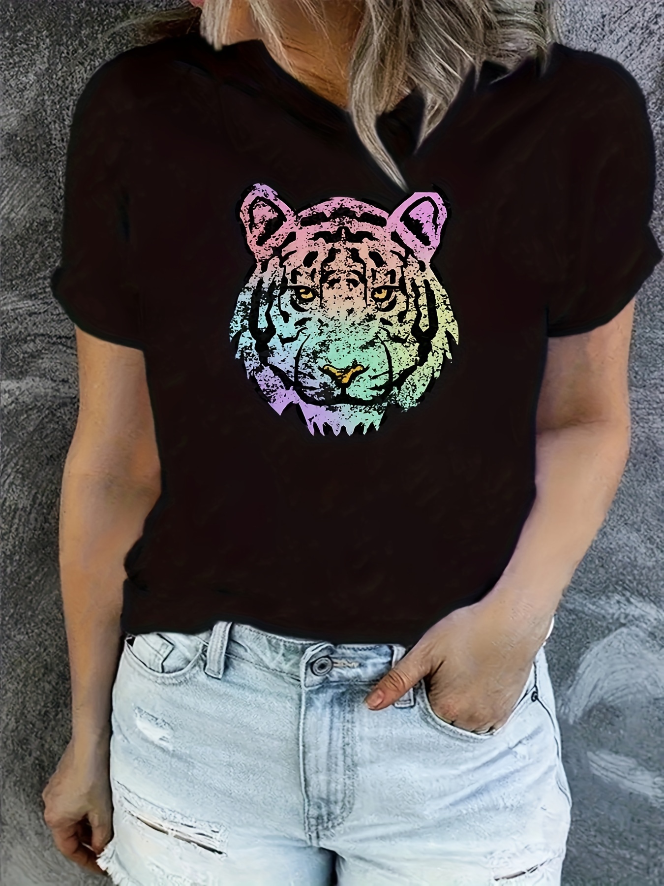 Tiger Graphic Print T shirt Short Sleeve Crew Neck Casual - Temu Canada