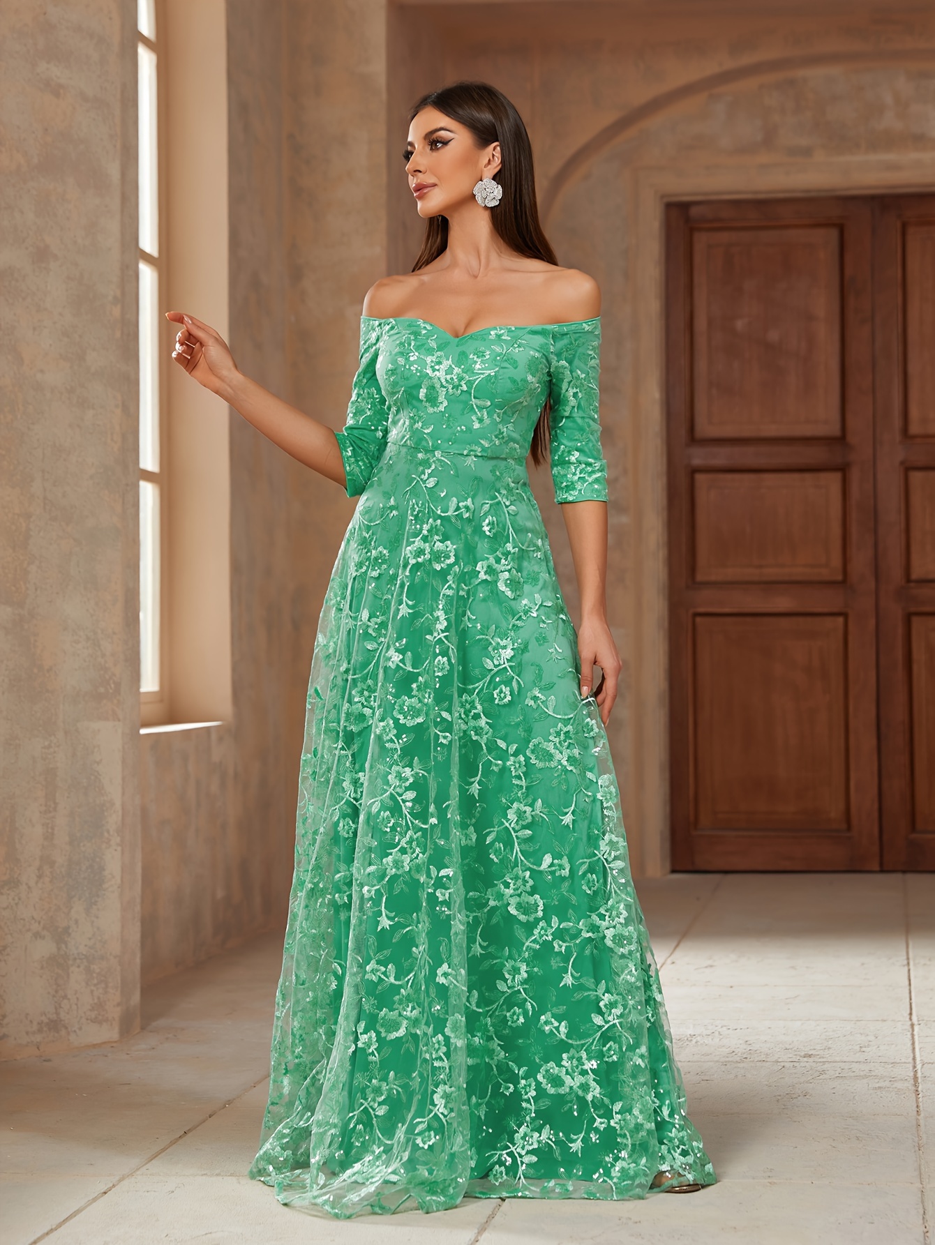 Sequin Shoulder Dress Elegant A line Mesh Overlay Evening - Temu Australia