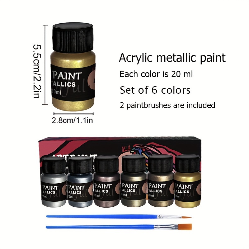 6 Colors Metallic Acrylic Paint Set 2 Brushes Art Supplies - Temu