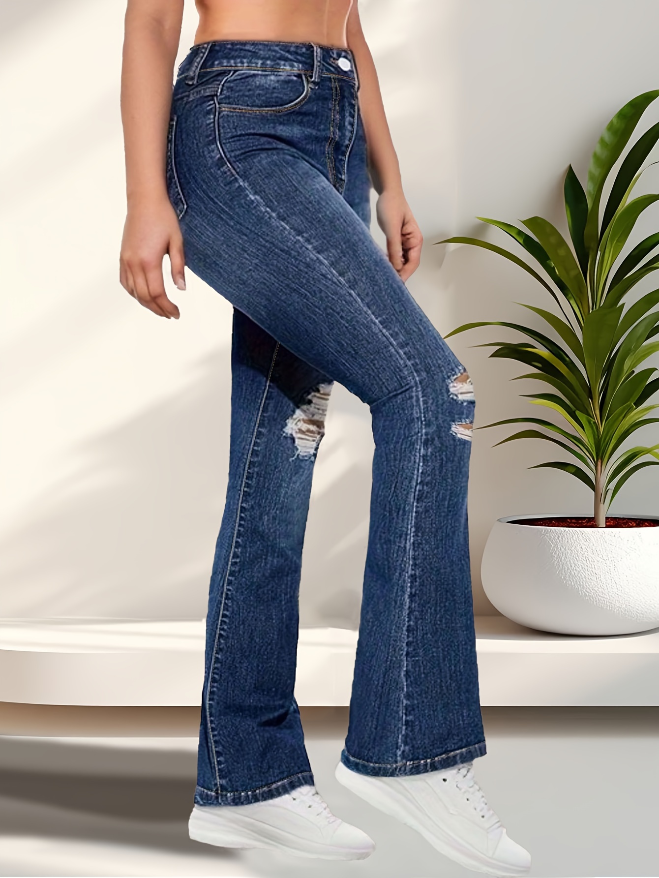 ripped high flare leg jeans whiskering casual washed - Temu Canada