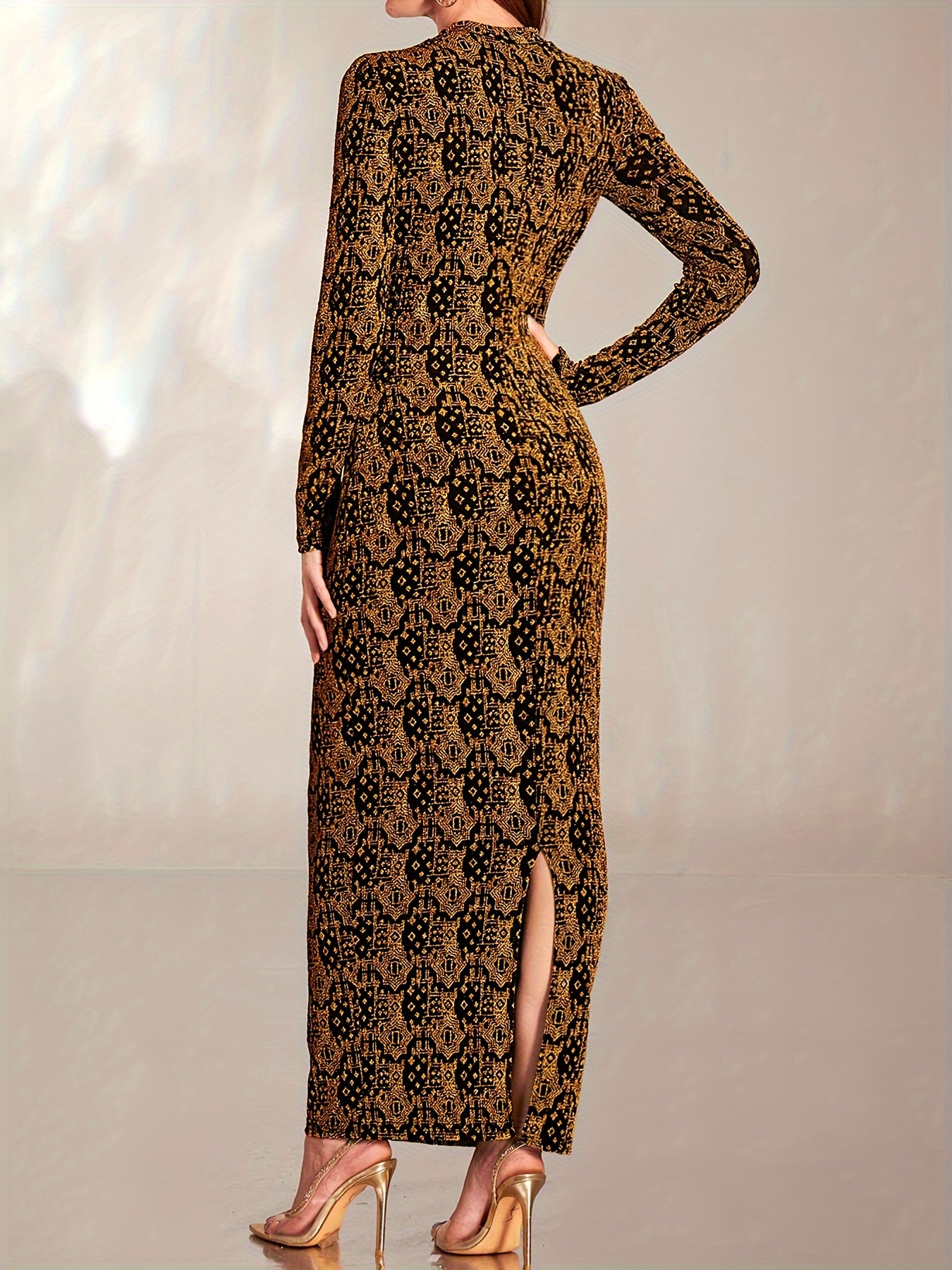 gedrukte jurk met splitzoom elegante jurk met lange mouwen - {region_name}