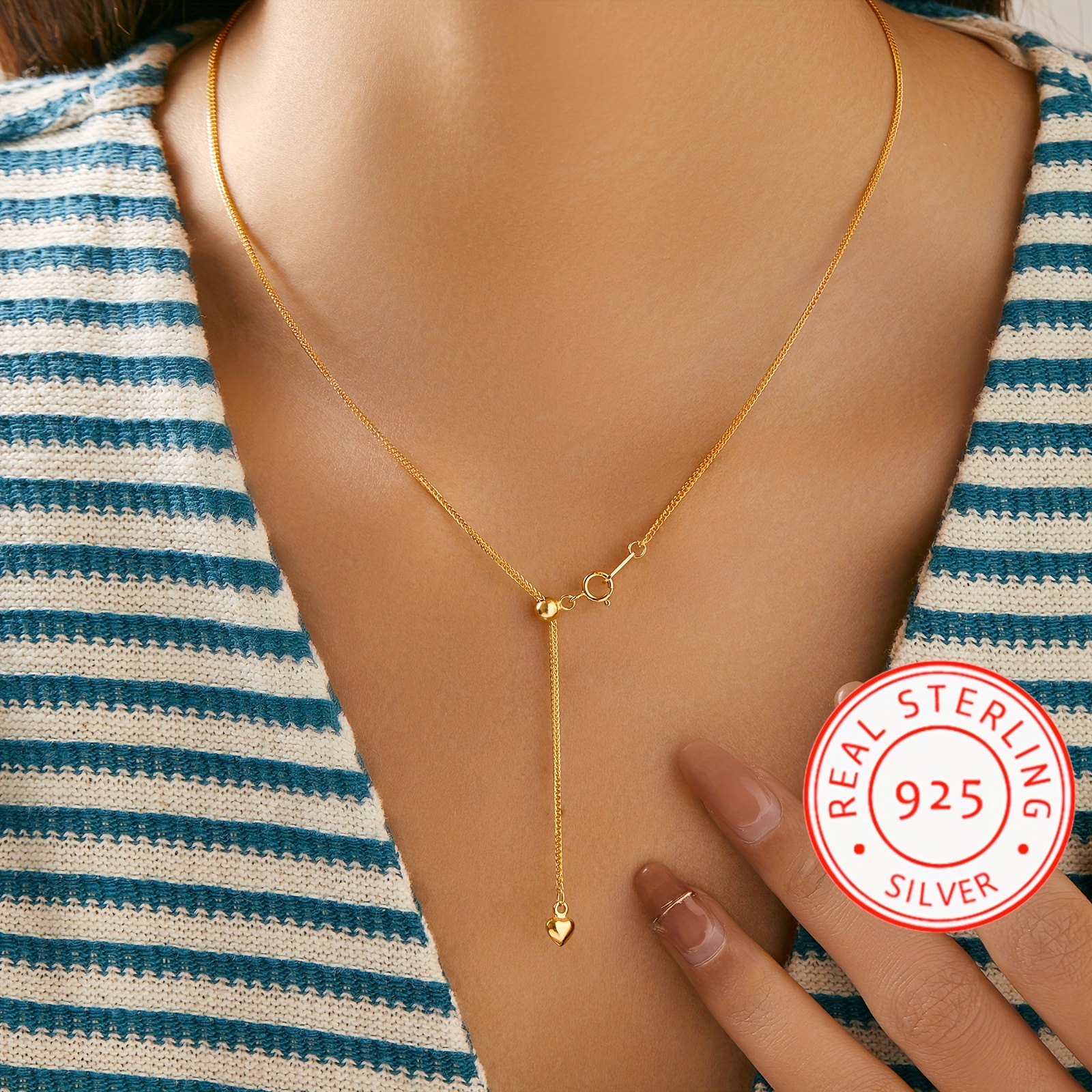 Sterling Silver 925 Adjustable Y shape Necklace Heart Temu
