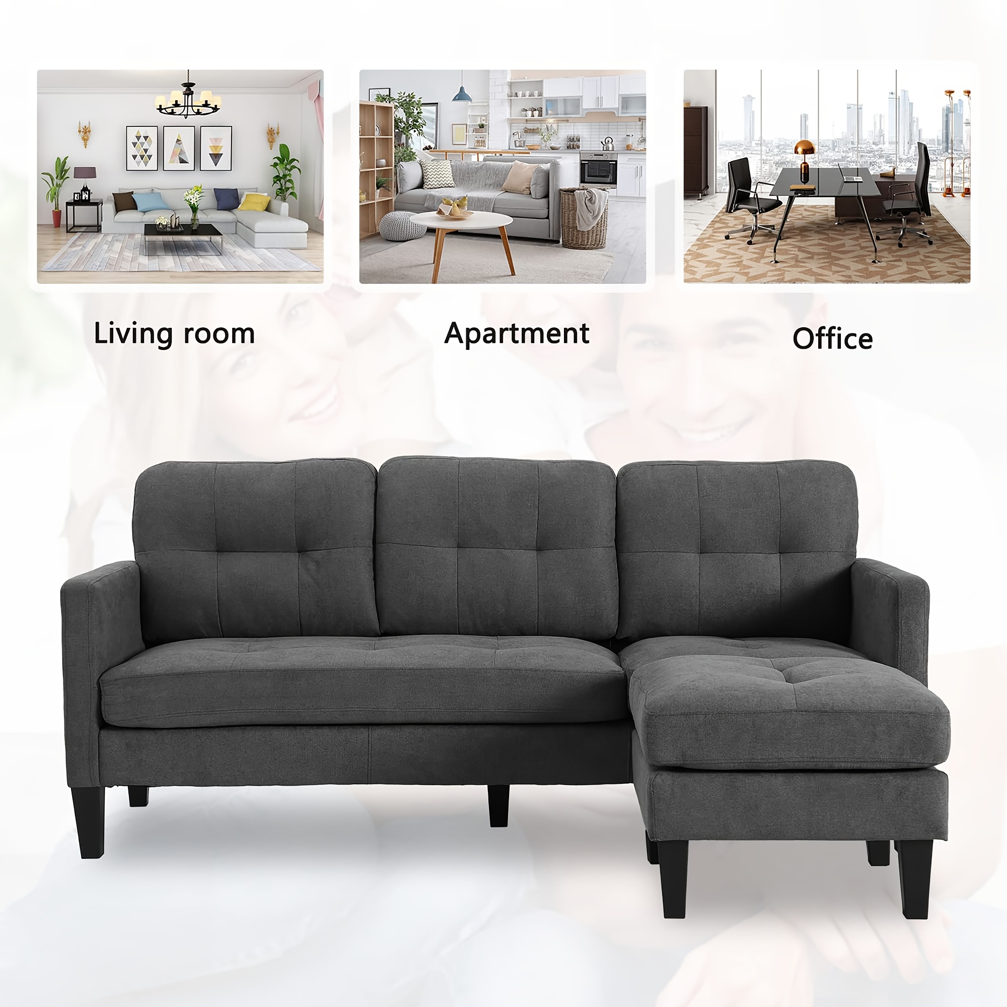 Convertible Sectional Sofa Couch, L-shaped Couch Modern 3-seat Sofa Set ...