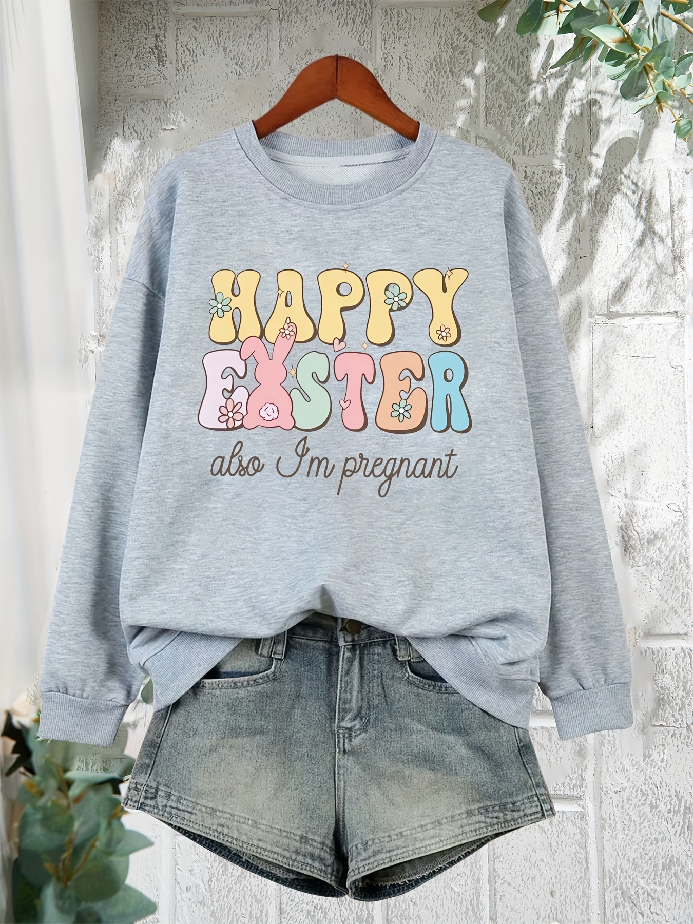 Happy Easter Print Sweatshirt Plus Size Crew Neck Casual - Temu New Zealand