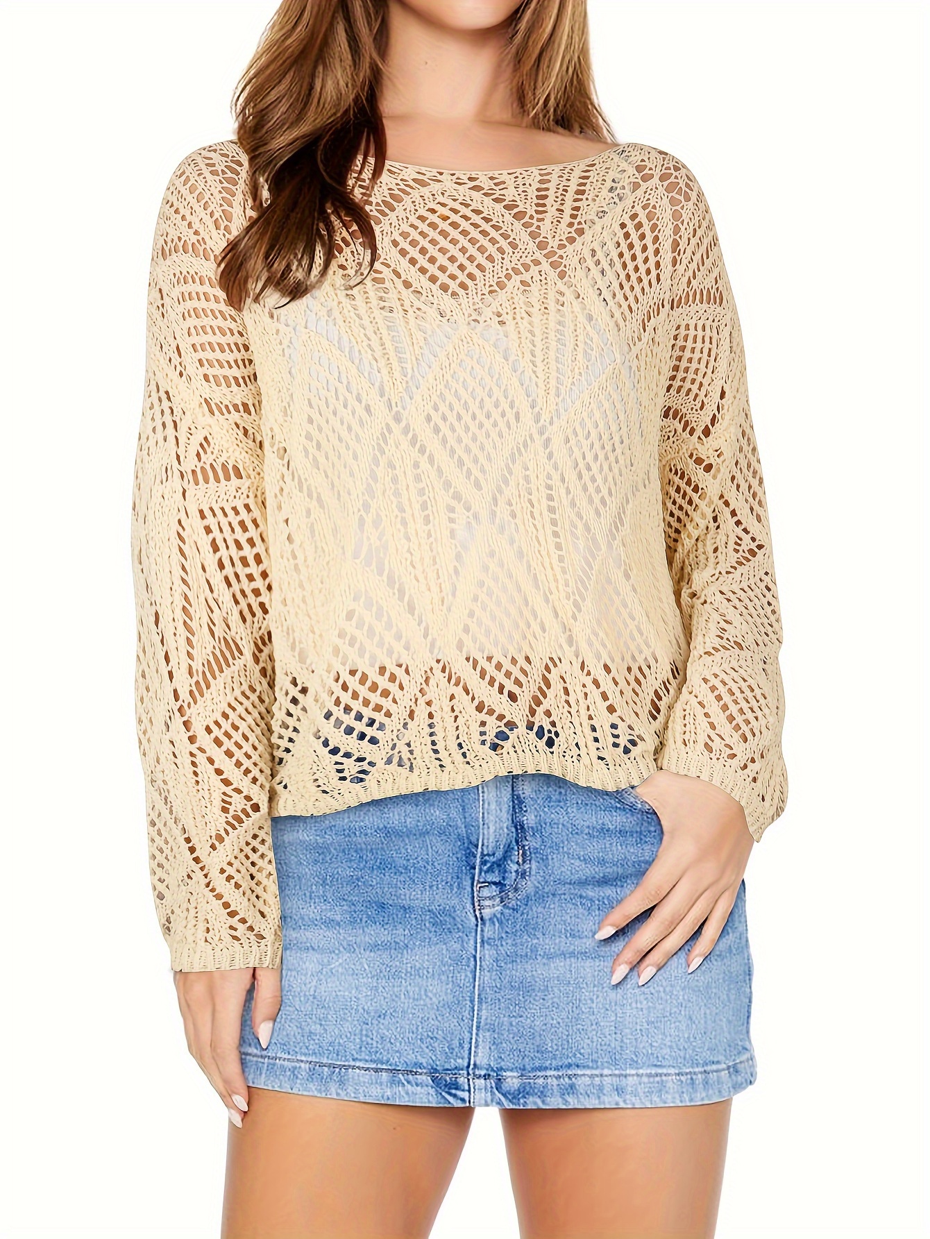 Suéter Cuello Redondo Bordado Ojales Elegante Suéter Manga - Temu Uruguay