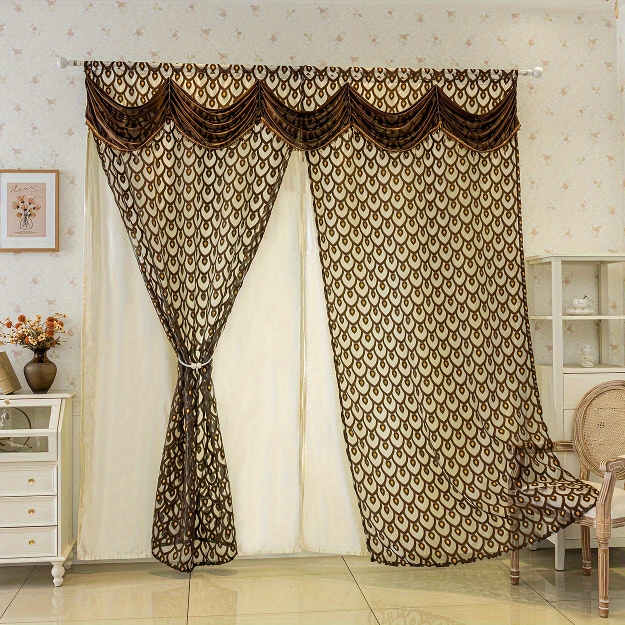 Vintage European Jacquard Leaf Pattern Double-layer Curtains With ...
