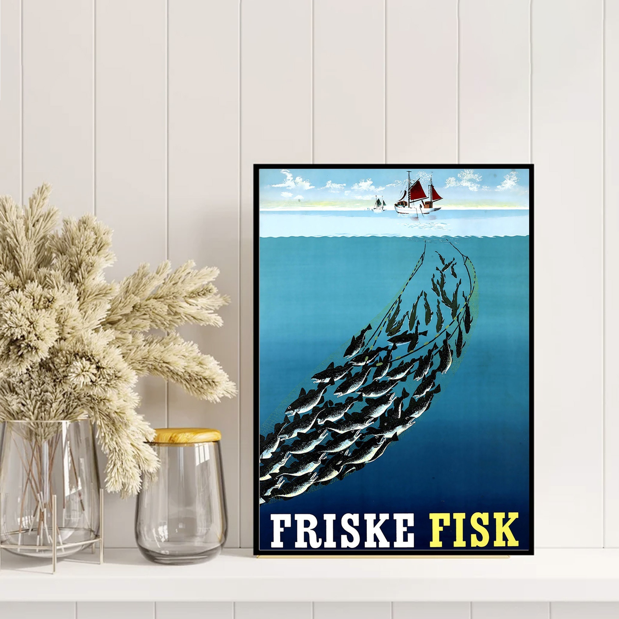 Friske Fisk Vintage Fishing Poster - Art Deco Classic Retro Style ...