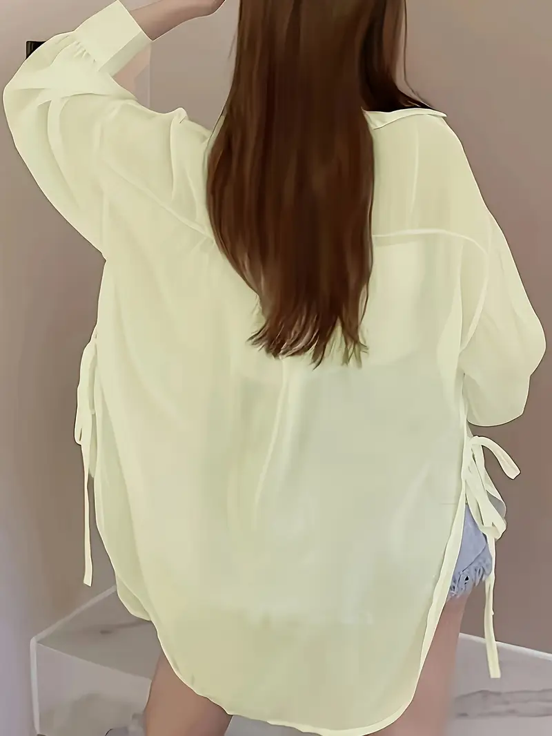 솔리드 버튼 프런트 얇은 셔츠 캐주얼 롱슬리브 세미 쉬어 블라우스 봄 여름 여성 의류 Temu Republic Of Korea