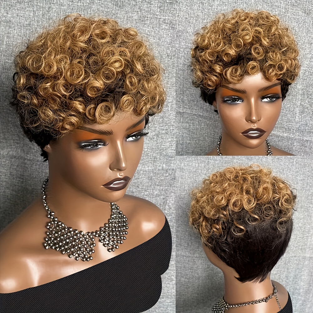 Highlight Short Pixie Cut Curly Human Hair Wigs - Temu Canada
