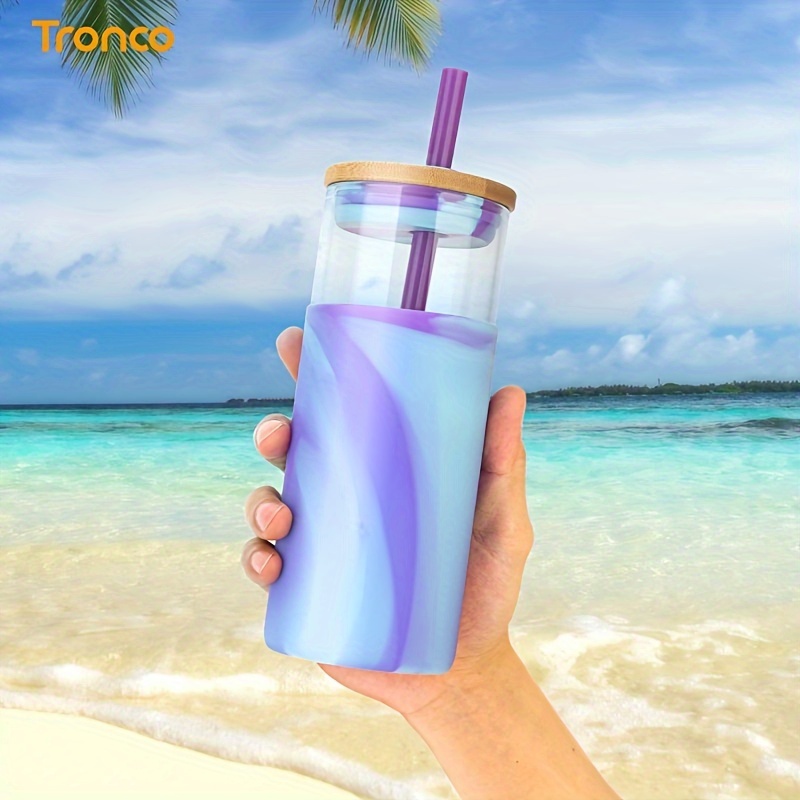 Glass Tumbler Straw Bamboo Lid Iced Coffee Cup - Temu