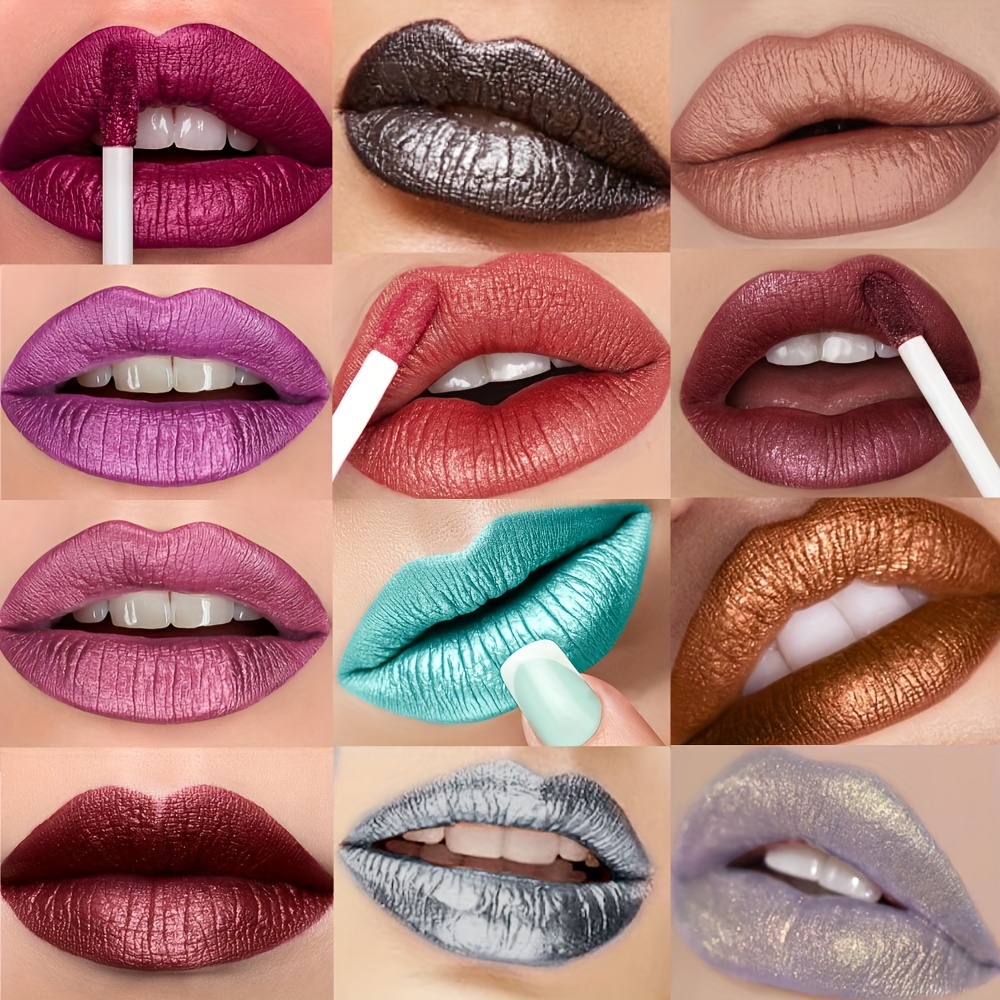 12가지 쉐이드의 메탈릭 액체 립스틱 윤기 나는 하이샤인 마감 진주 안료로 오래 지속되는 묻지 않는 풀커버리지 립 컬러 가볍고 반짝이는 텍스처 여성을 위한 컵에