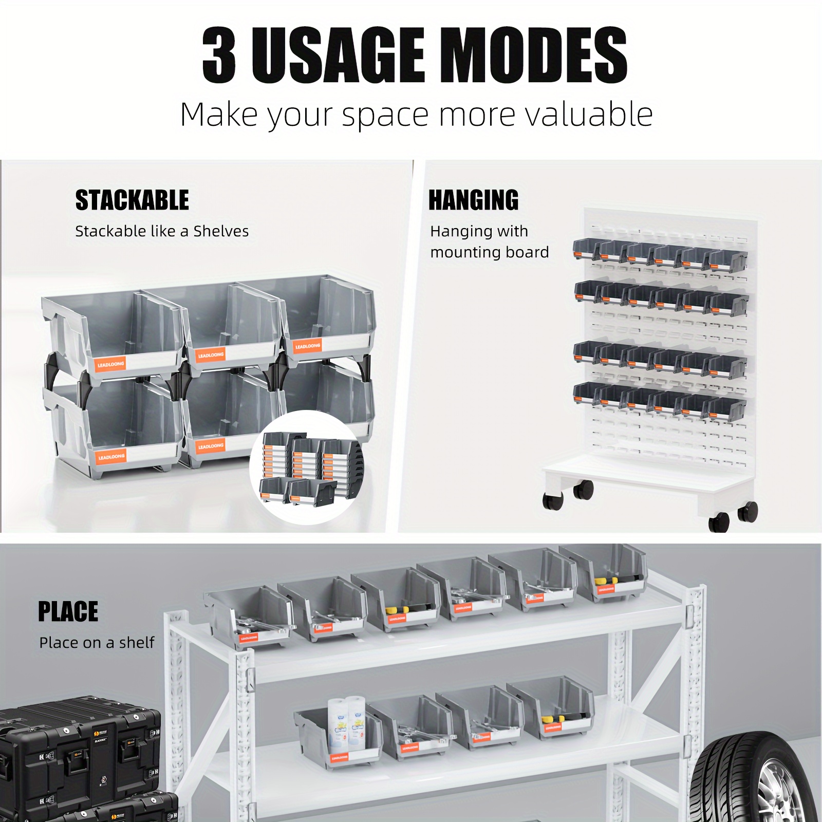 6 24pcs Gray Stackable Plastic Storage Box Garage Storage Container Garage Tool Storage and Organizer Box 13.5x10.5x7.6cm 5x4x3inch Garage