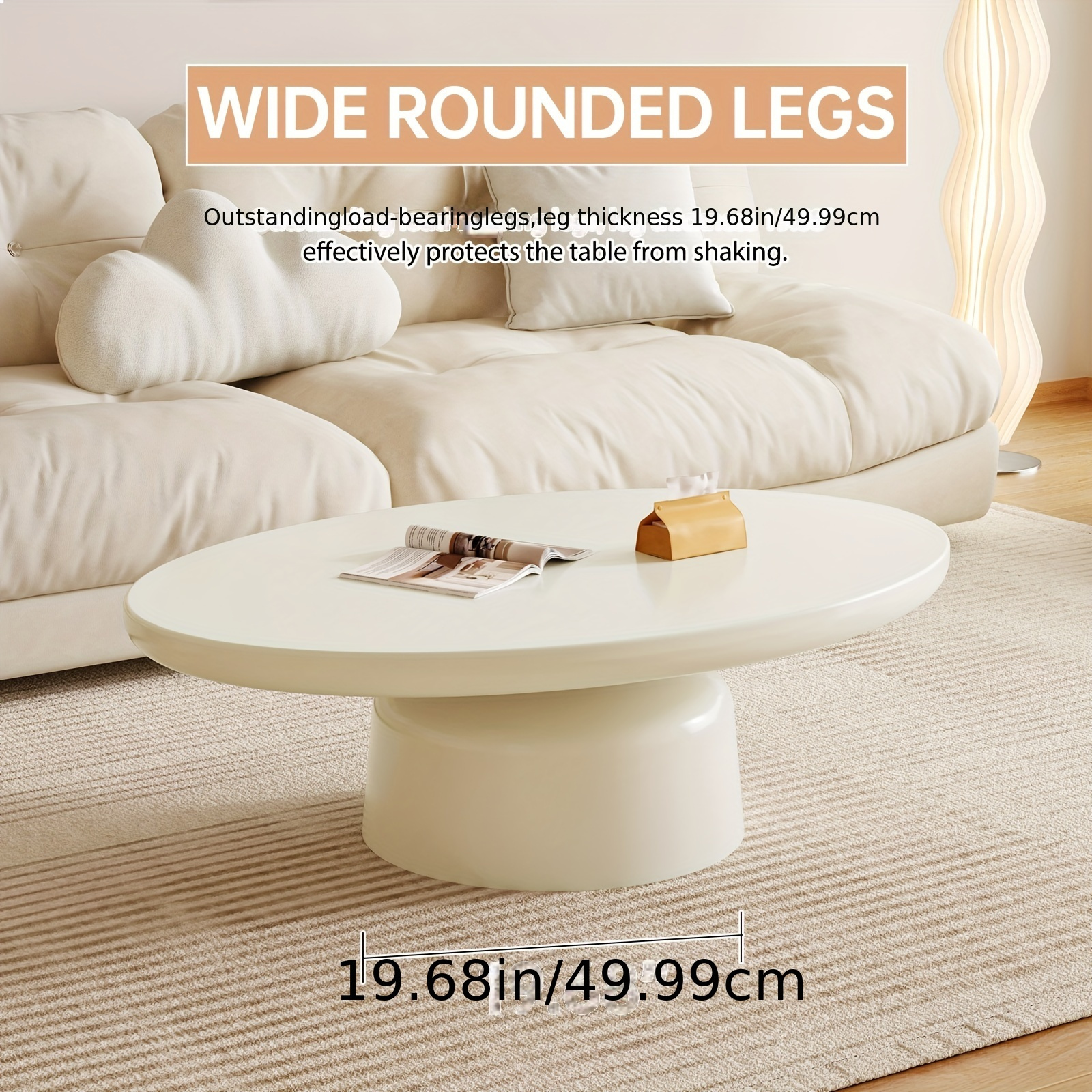 Cream White Oval Coffee Table Living Room Modern Pedestal Round Center Table Century Minimalist Tea Table Sturdy Desktop Low Coffee Table For