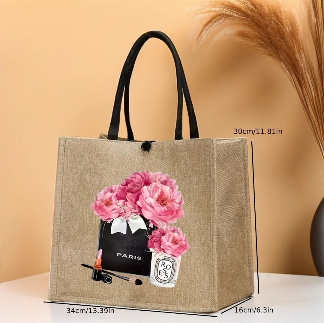 Fashion Flower Pattern Tote Bag Lightweight Burlap Shopping - Temu