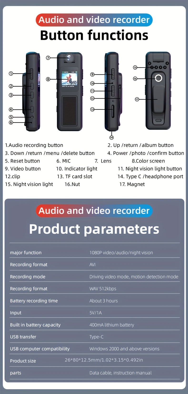 32gb Hd Camera, Portable Back Clip Camera, Can Take Photos, Videos ...