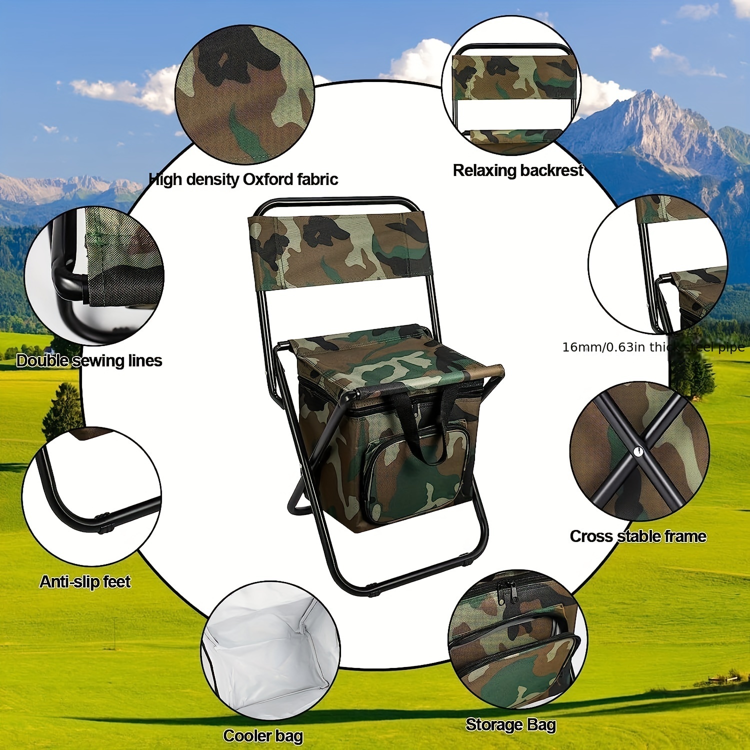 1pc Lightweight Fishing Chair With Built In Cooler Bag Camping Hunting ...