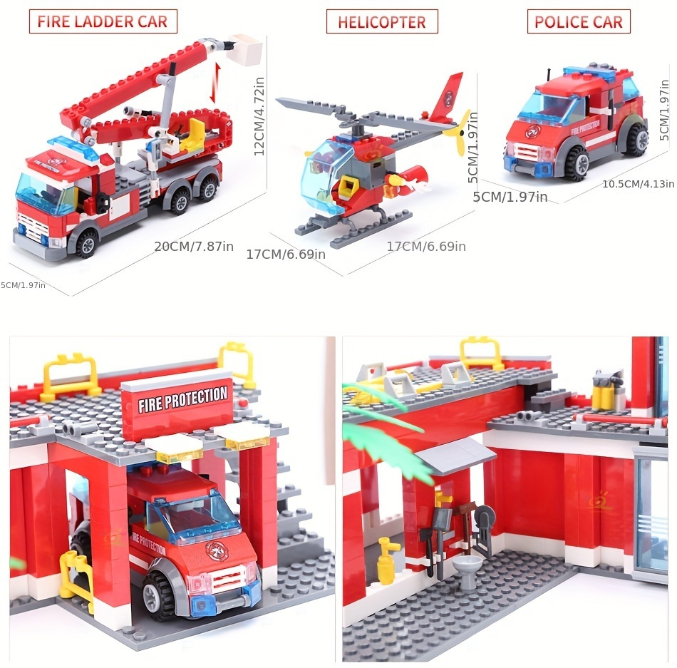 City Fire Station Model Building Blocks, Firefighter Truck Helicopter ...