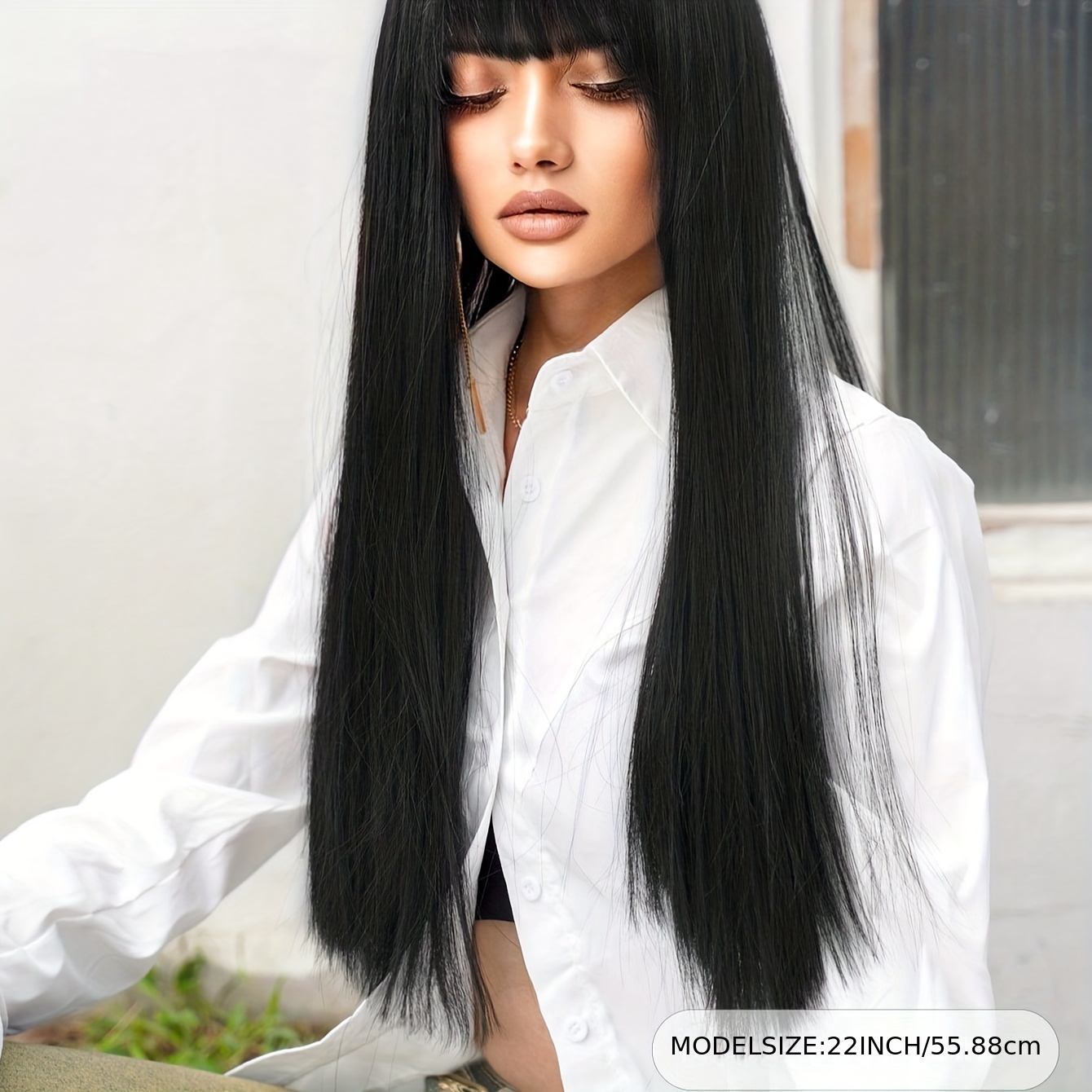 Wig Synthetic Heat Resistant Long Straight Wigs With Bangs Natural ...