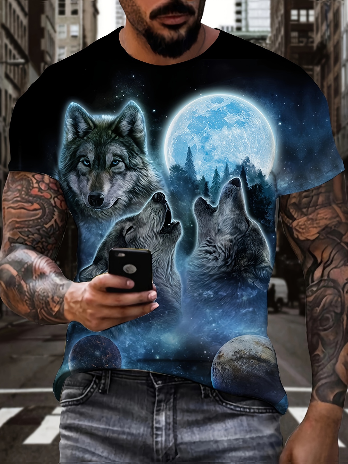 Men's Graphic T-shirt Men's Tie Dye Wolf T-Shirt - Howling Wolves Glow ...