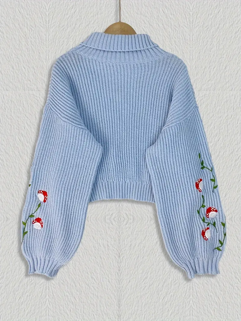Mushroom Print Turtleneck Knit Sweater Casual Solid Long Sleeve