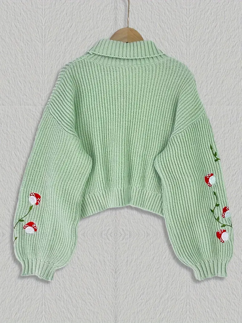 Mushroom Print Turtleneck Knit Sweater Casual Solid Long Sleeve