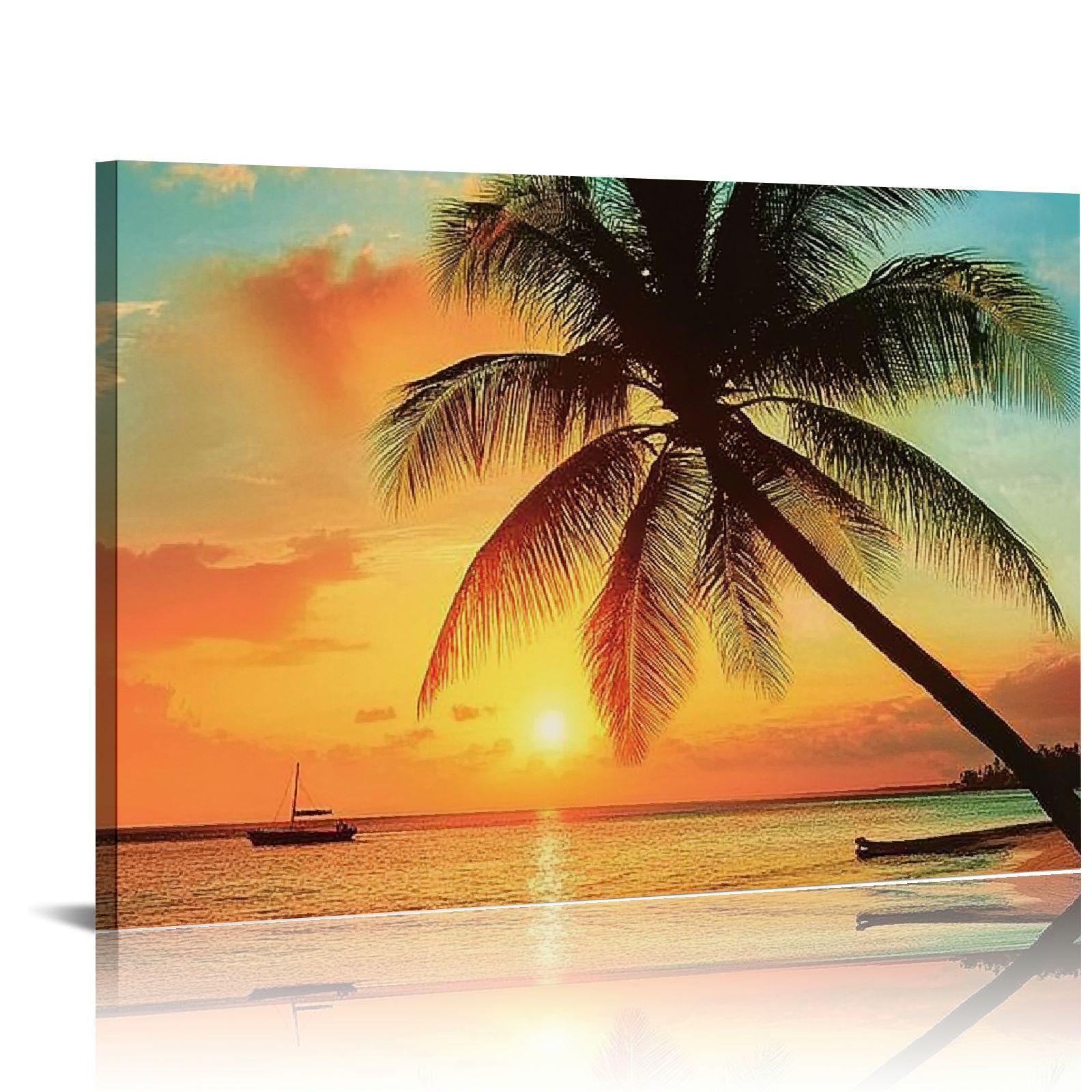 Jkdudu Palm Tree Sunset Boat Canvas Prints Wall Art Large - Temu