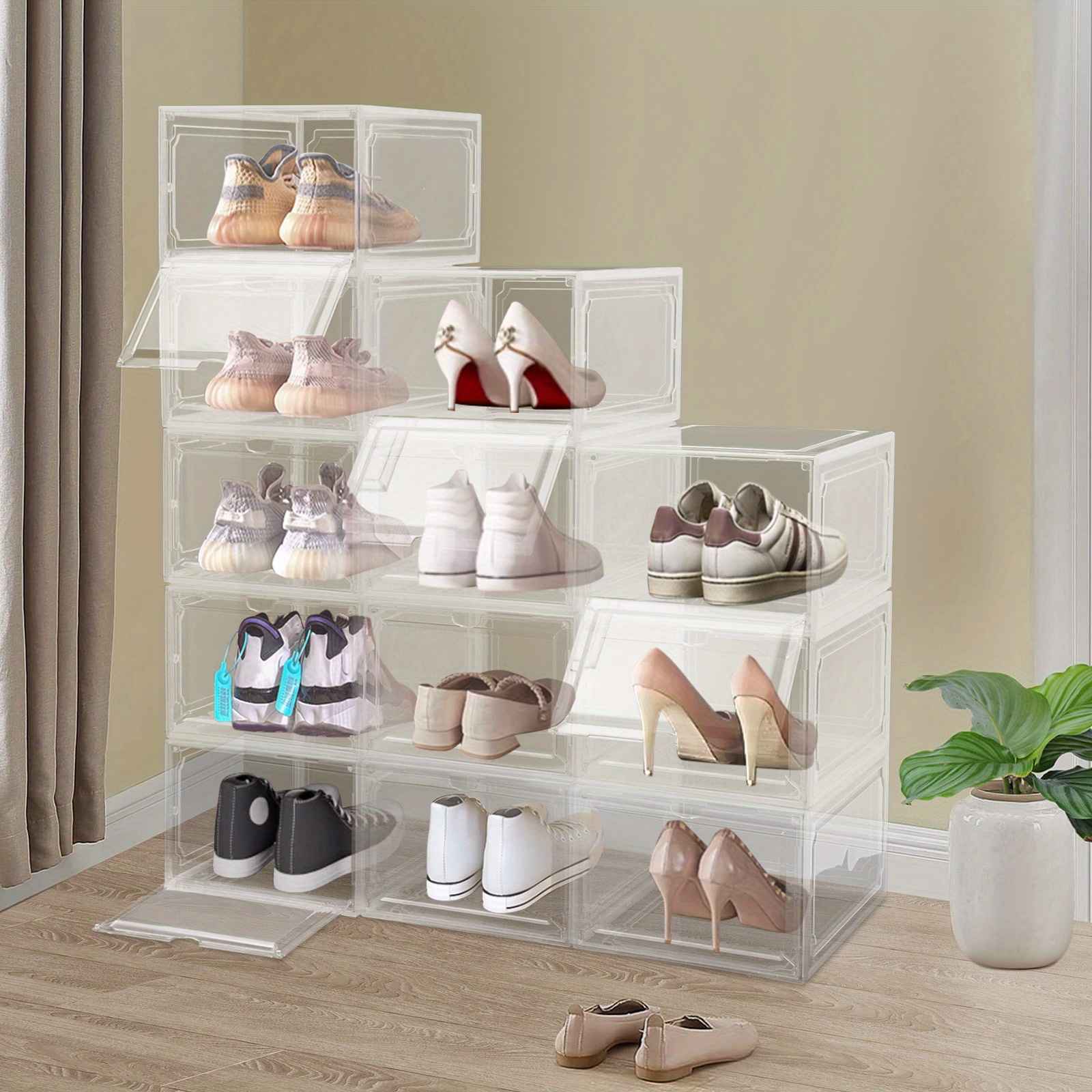 clear stackable shoe boxes front opening sold on Temu United States