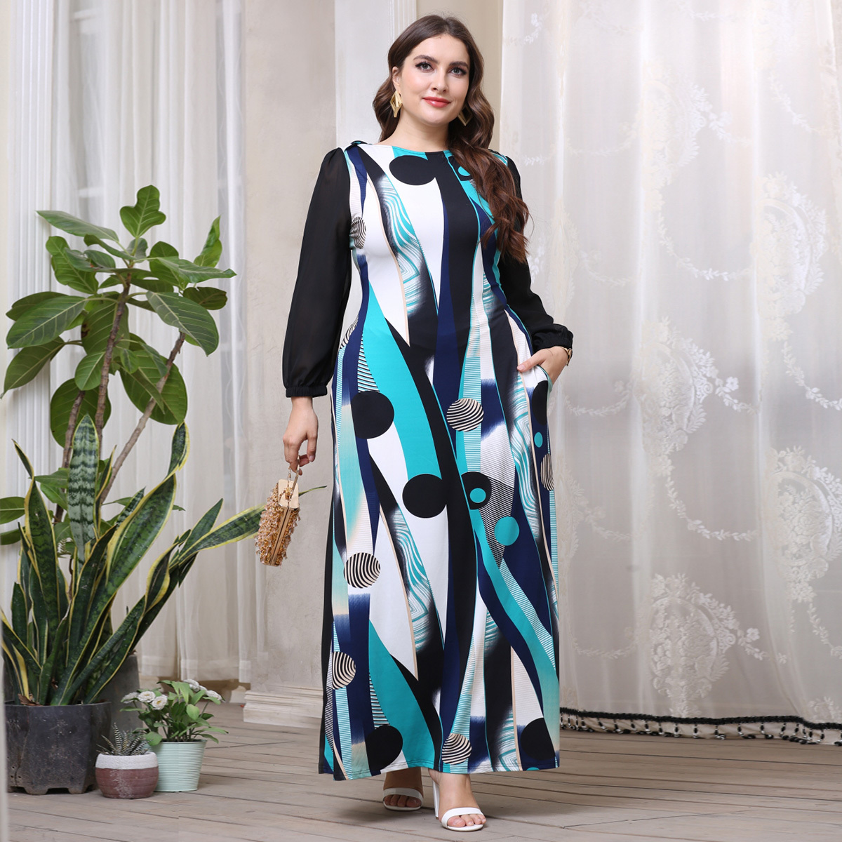 Plus Size Geometric Print Long Sleeve Maxi Dress Women's Plus Retro ... Plus Size Geometric Print Long Sleeve Maxi Dress Women's Plus Retro ...