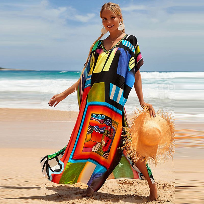 V Neck Oversized Kaftan Dress Bohemian Loose Beach Vacation - Temu
