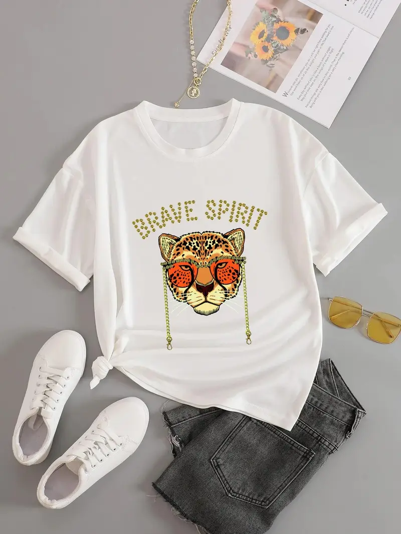 Cat Graphic Print Solid T Shirt Crew Neck Short Sleeve Casual Every