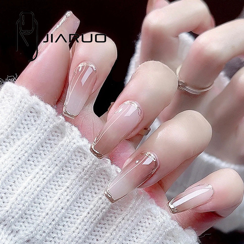 Jiaruo Press On Nails Pink Fake Nails With Silvery Edge Design Glossy ...