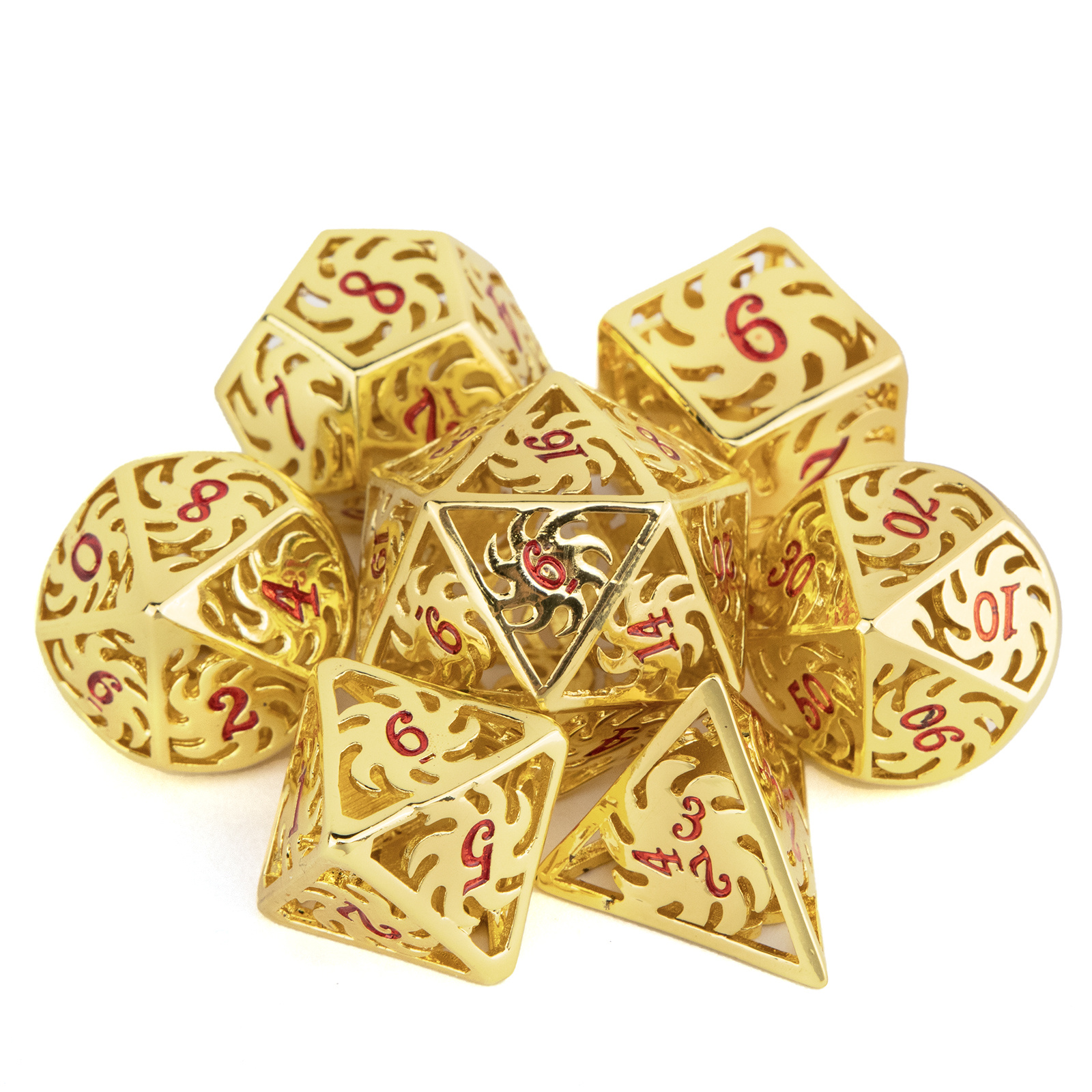 7pcs Metal Dice Set Golden Dices Red Numeral Hollow Dices Polyhedral ...