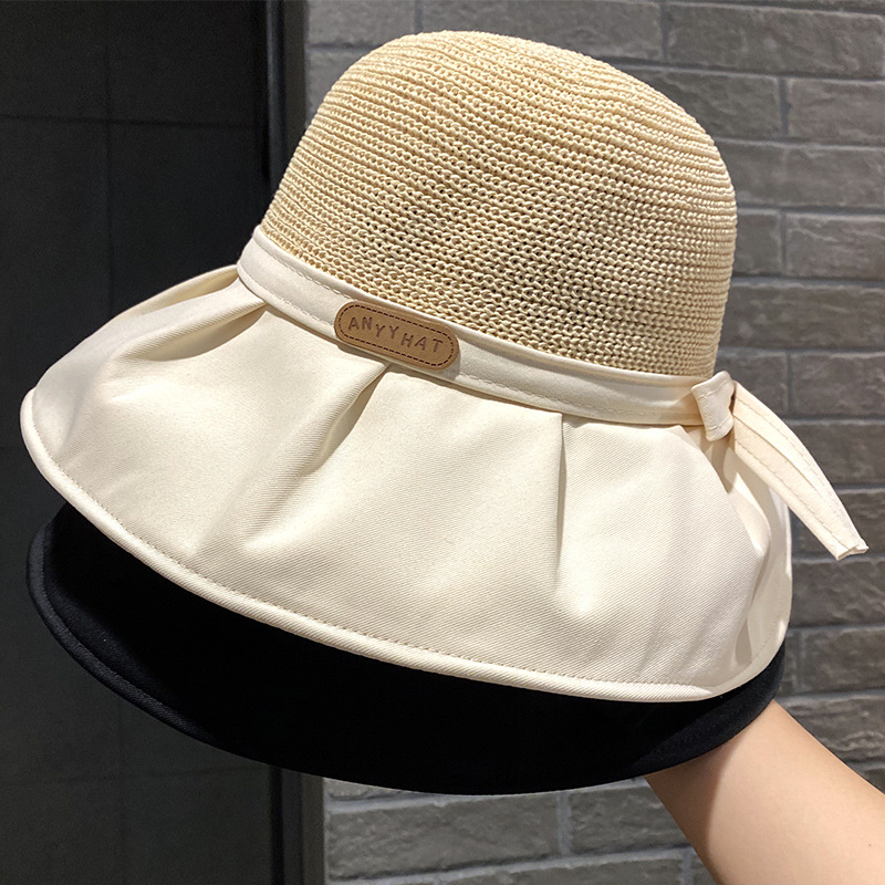 Letter Patched Bow Decor Straw Hat Wide Brim Sun Protection Elegant ...