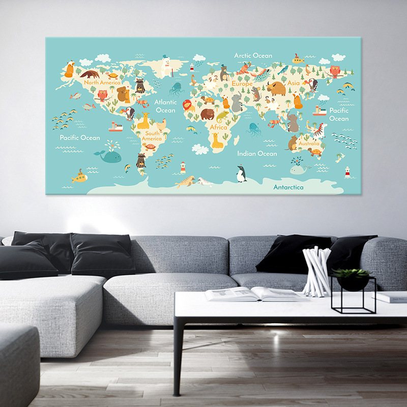 Nordic Cartoon Animals World Map Canvas Painting Modern Wall - Temu New ...