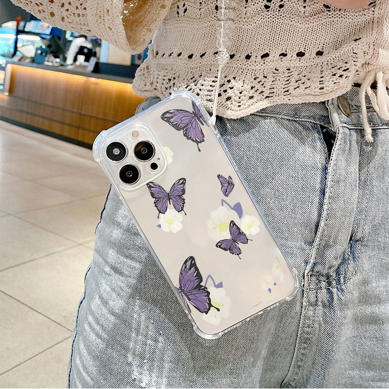 Butterflies Graphic Mobile Phone Case With Beaded Lanyard For Apple ...