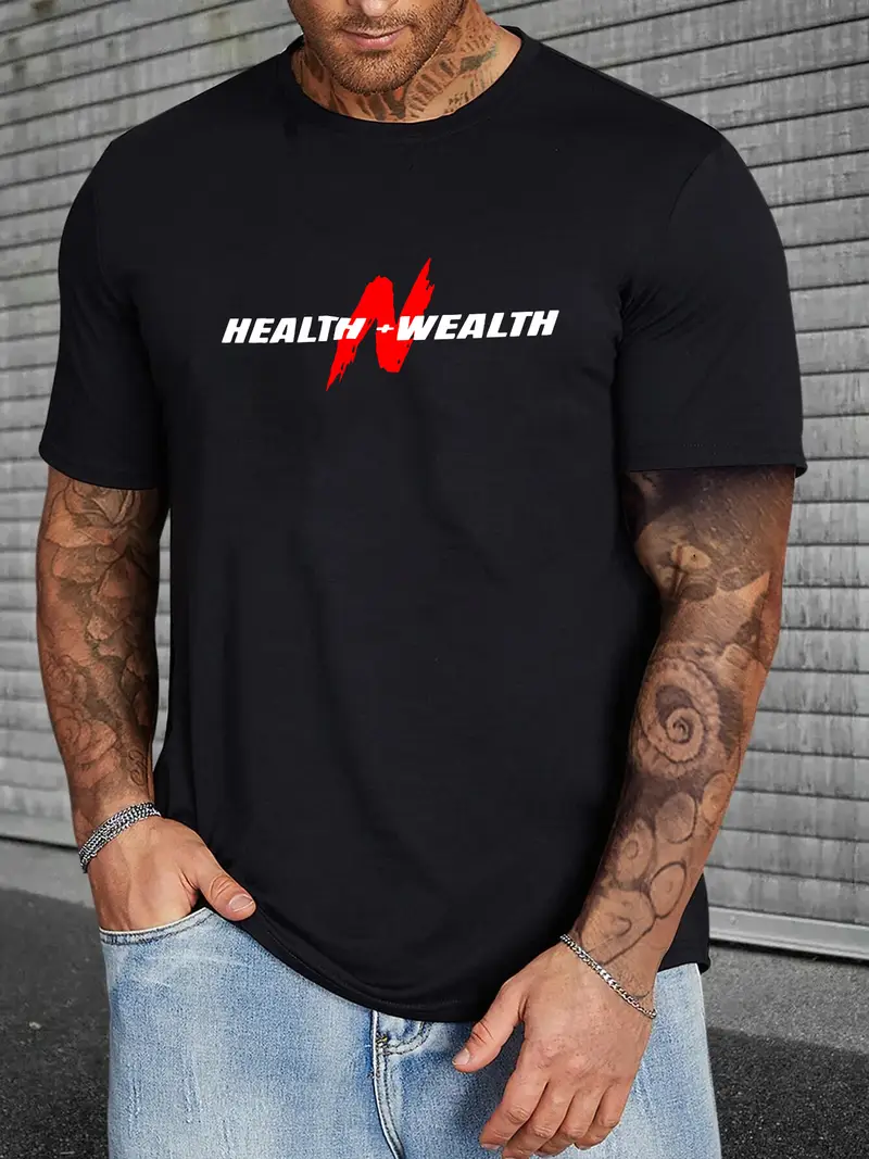 Health Wealth Letter Pattern Print Mens T Shirt Graphic Tee Temu