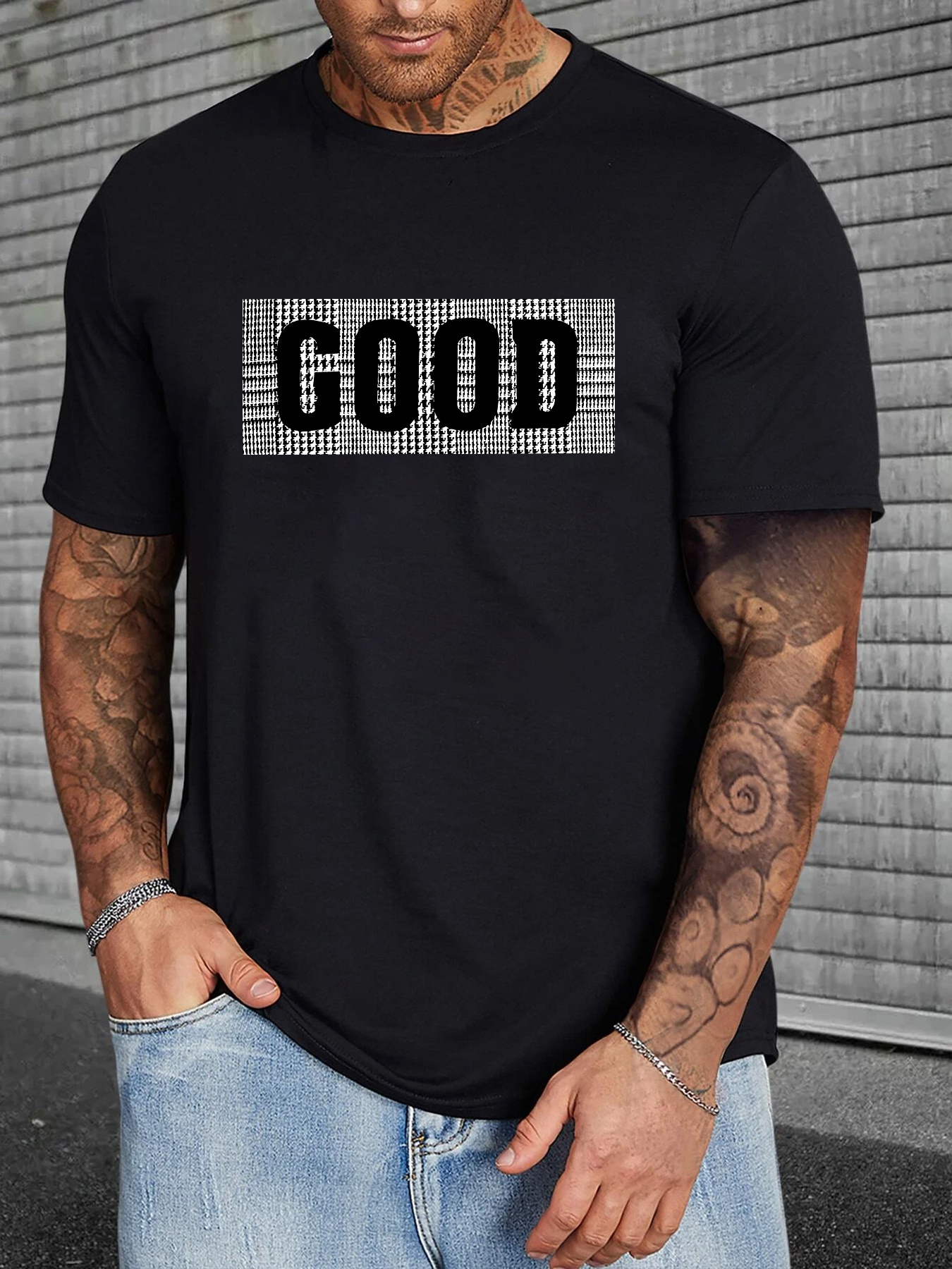 Good Letter Graphic Print Men's Creative Top, Casual Slightly Stretch Short Sleeve Crew Neck T ...