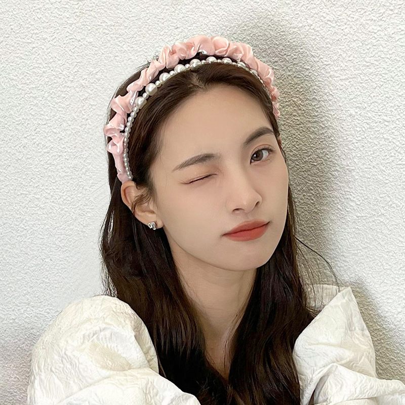 Satin Faux Pearl Hair Band Pure Color Silky Cloth Head Hoop Female ...