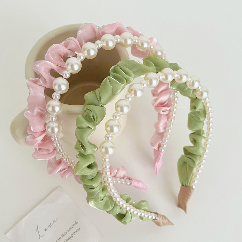 Satin Faux Pearl Hair Band Pure Color Silky Cloth Head Hoop Female ...