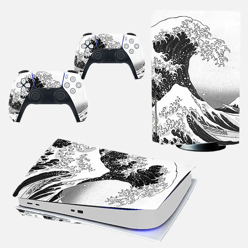 Ps5 디스크 버전용 풀 콘솔 및 컨트롤러 비닐 스티커 피부 내구성 스크래치 방지 거품 없음바다 파도 Temu
