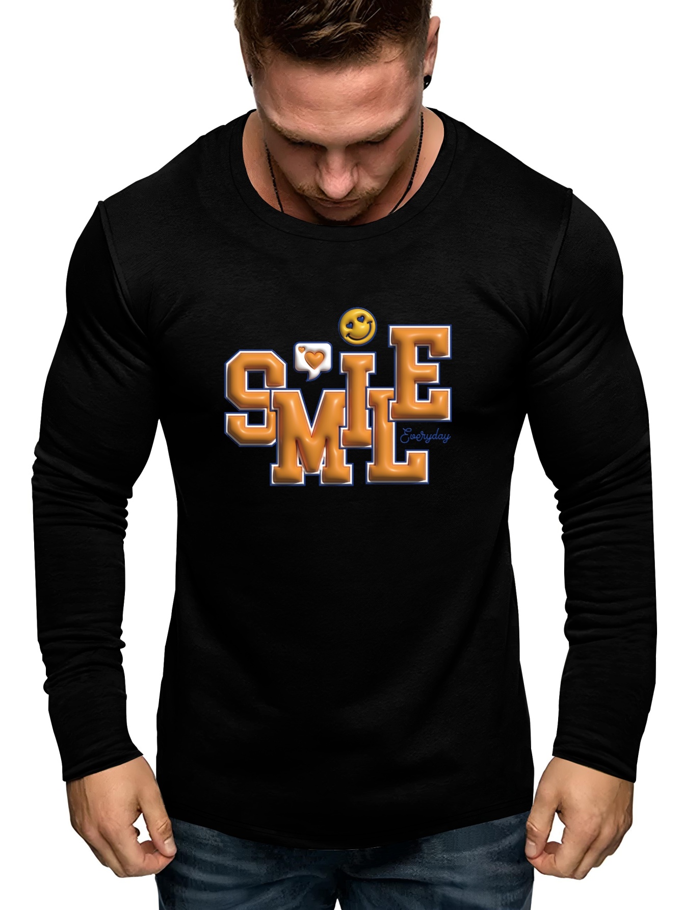 "smile" Graphic Long Sleeve T shirts Men Plus Size Stretchy - Temu ...