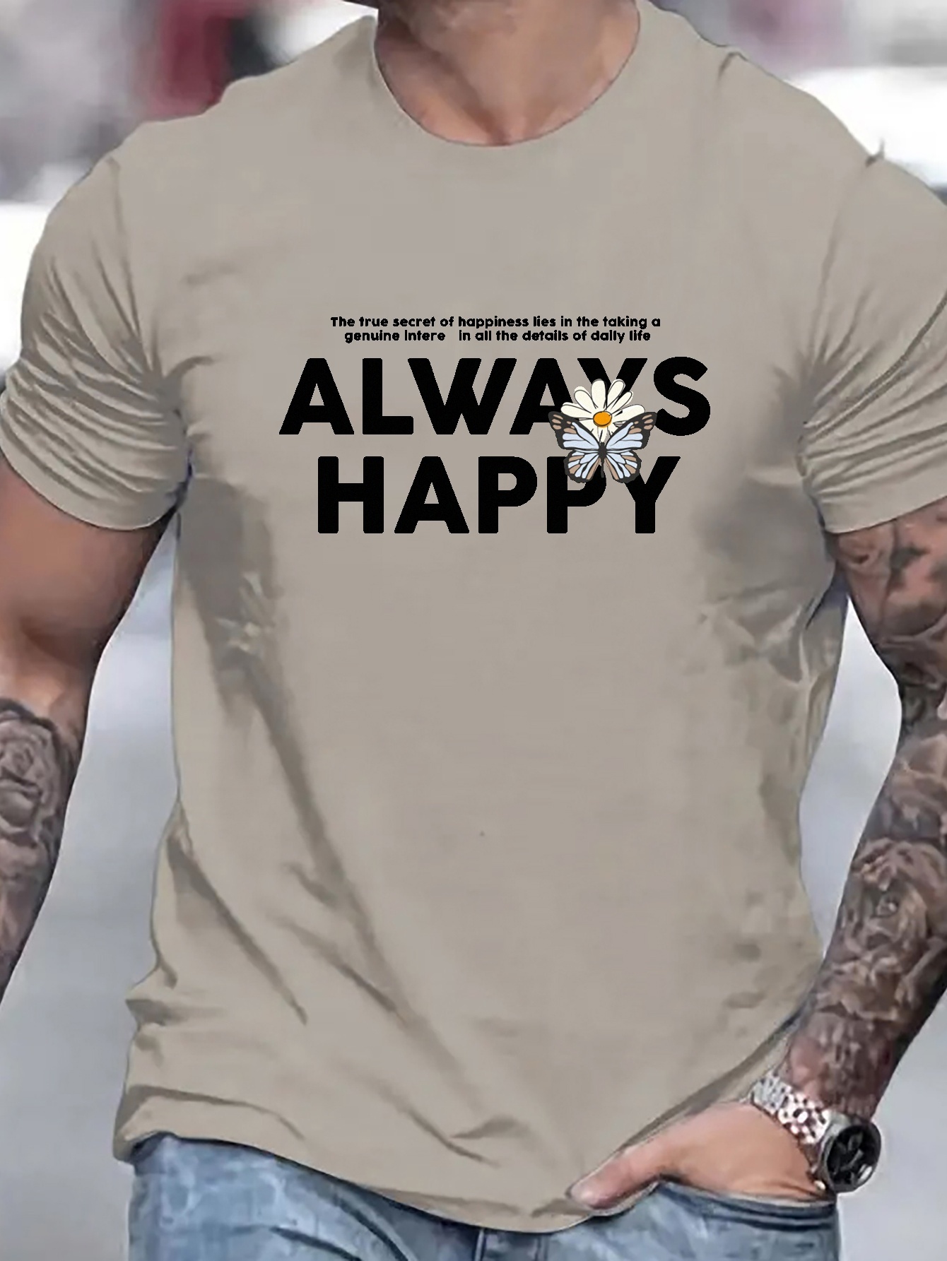 Flower Print "always Happy" Short Sleeve T shirts Men Plus - Temu ...