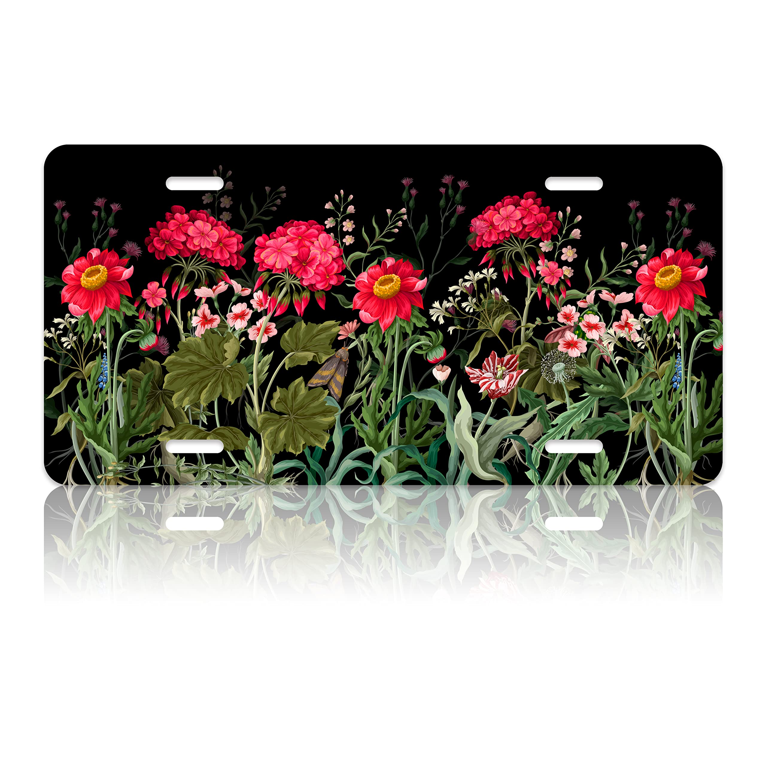 red geraniums with 01 pattern aluminum metal license plate car tag ...