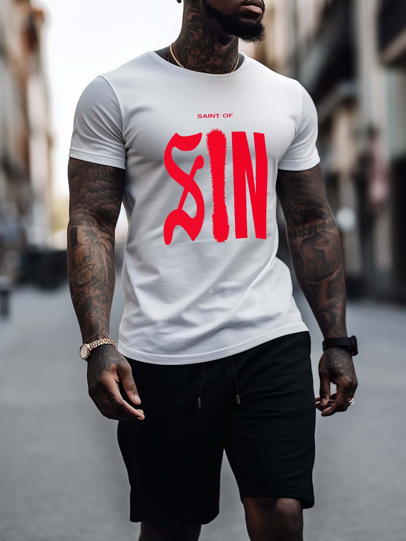 Men's "sin" Graphic Print T Shirt Shorts Set Summer Fashion - Temu ...