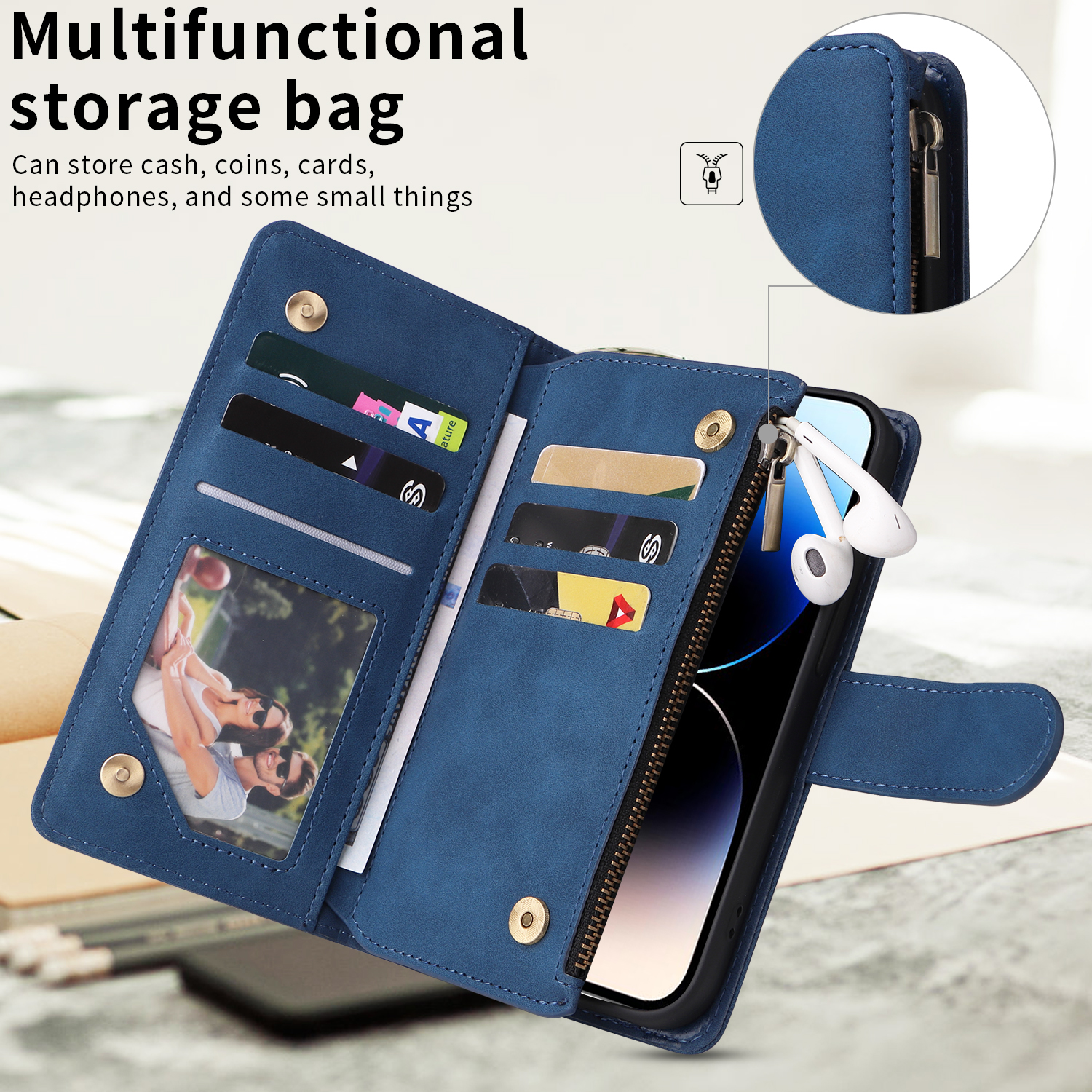 Business Card Slots Zipper Wallet Flip Leather Phone Case - Temu Canada